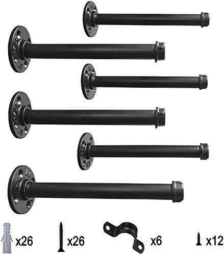Industrial Black Iron Pipe Shelf Brackets β12 Inch Set of 6, Heavy Duty Rustic Floating Shelf Bracket, Clothing Rack, Coated Finish, Hardware Included