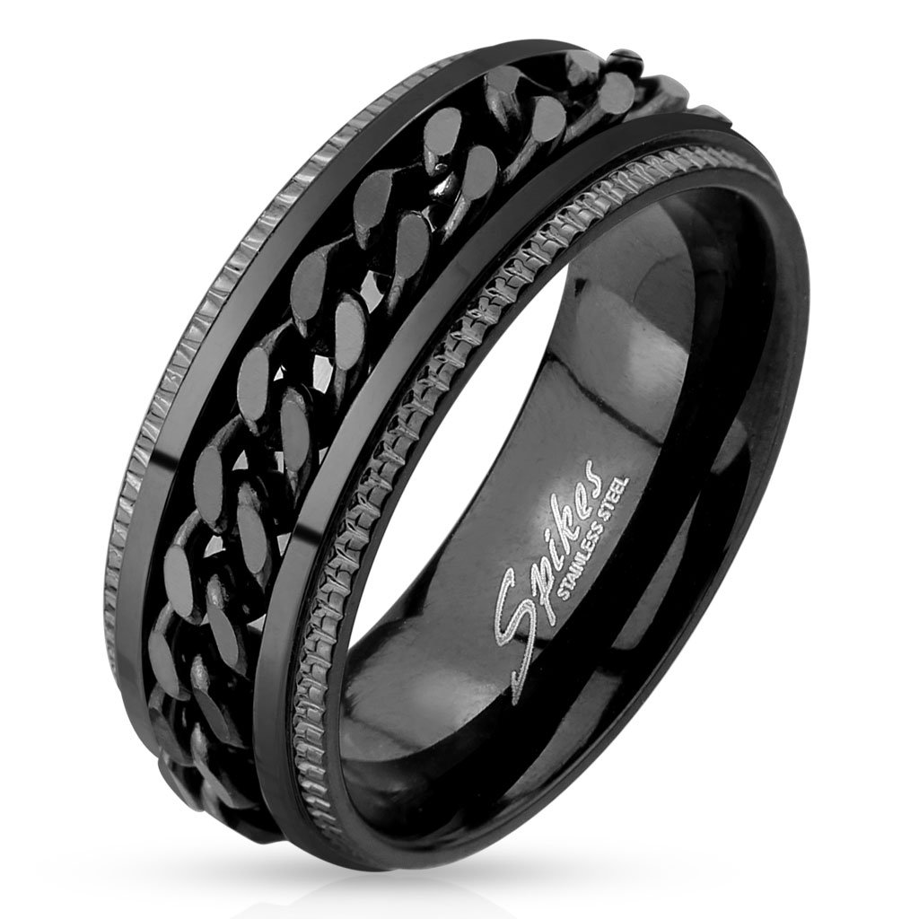 316L Stainless Steel Black IP Grooved Edge Center Chain Spinner Ring (9)