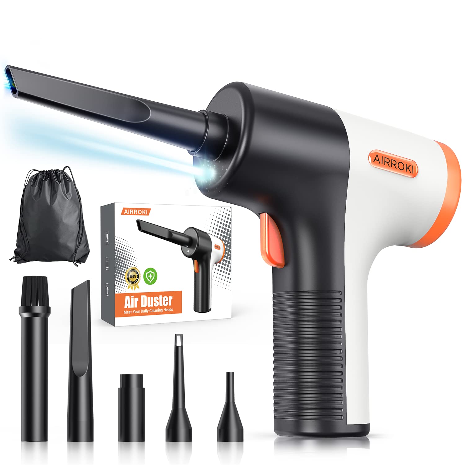 AIRROKI 100000RPM Powerful Compressed Air Duster - Rechargeable Electric with 6000mAh Battery Continuously 30 Mins Working for Computer Keyboard Cleaning, Good Replacement Can