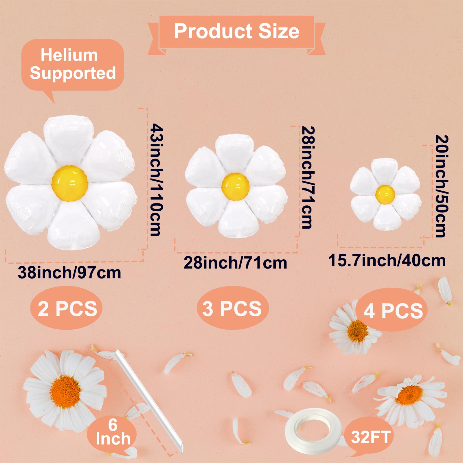 9 Pieces Large Daisy Flower Balloons Set - 3 Sizes White Flower Shaped Aluminum Foil Balloon for Daisy Birthday Decorations, Baby Shower, Wedding, Groovy Boho Daisy Party Supplies