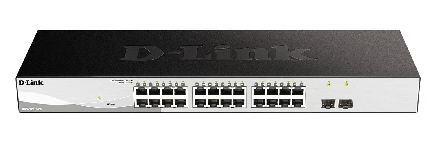D-Link 26-Port Gigabit Smart Managed Switch | 24 GbE + 2 SFP Ports | L2+ | VLANs | Cable Diagnostics | Web Managed | Desktop or Rackmount | Fanless | NDAA Compliant |Lifetime Warranty (DGS-1210-26)