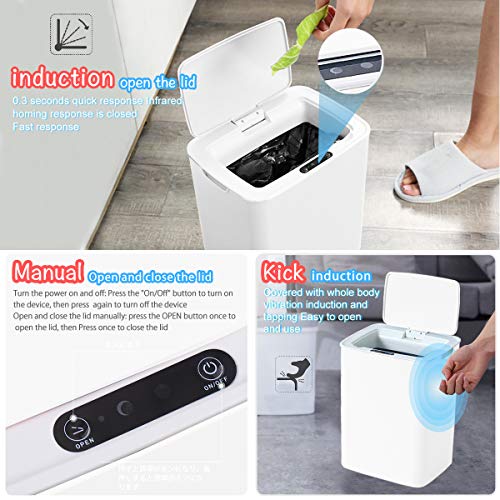 INFURIDER Automatic Plastic Trash Can with Lid, 3.7 Gallon/14L Touchless Intelligent Induction Motion Sensor Dustbin Garbage Waste Bin for Home Bedroom Kitchen(White)