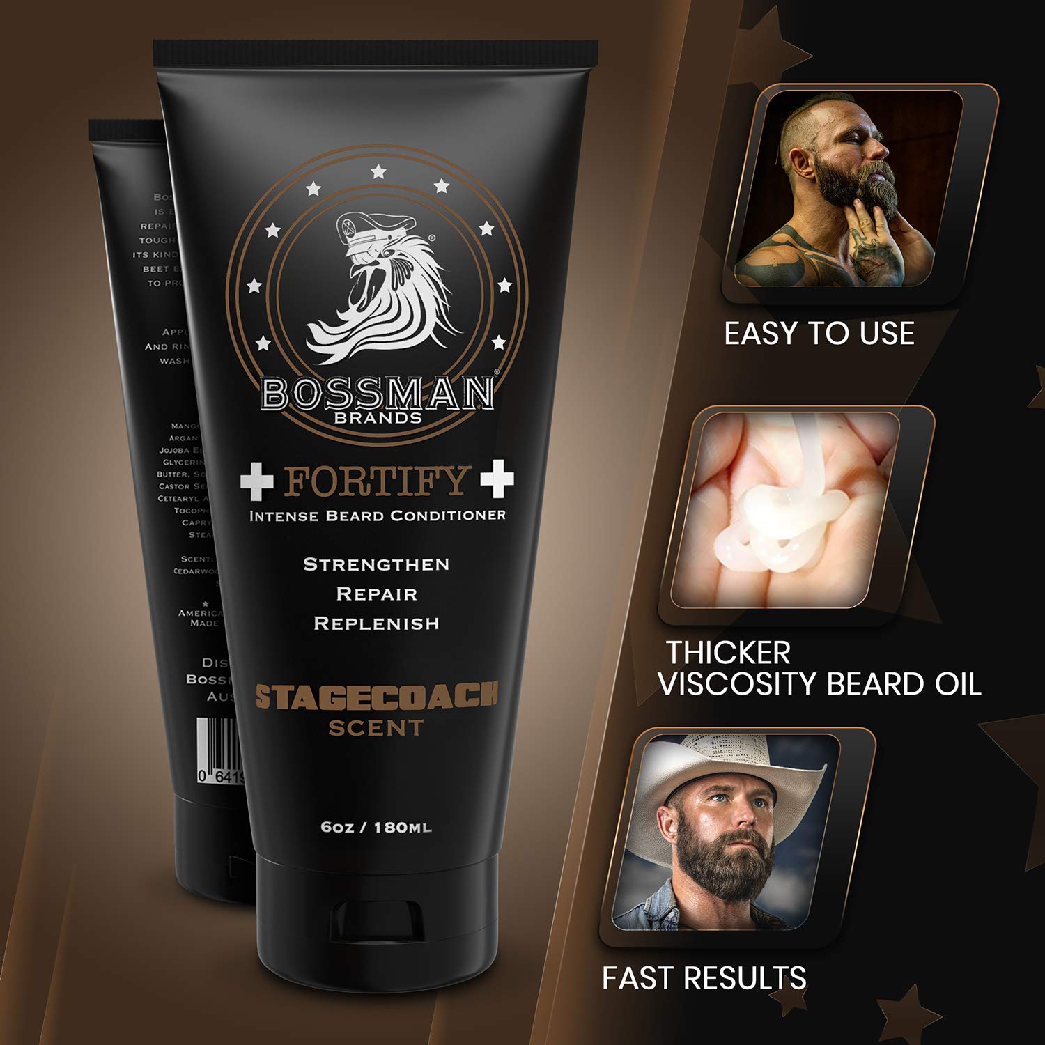 Bossman Fortify Intense Conditioner - Moisturize Replenish and Protect your beard - Thicker Formula - Natural Ingredients - Made in USA (Stagecoach Scent)