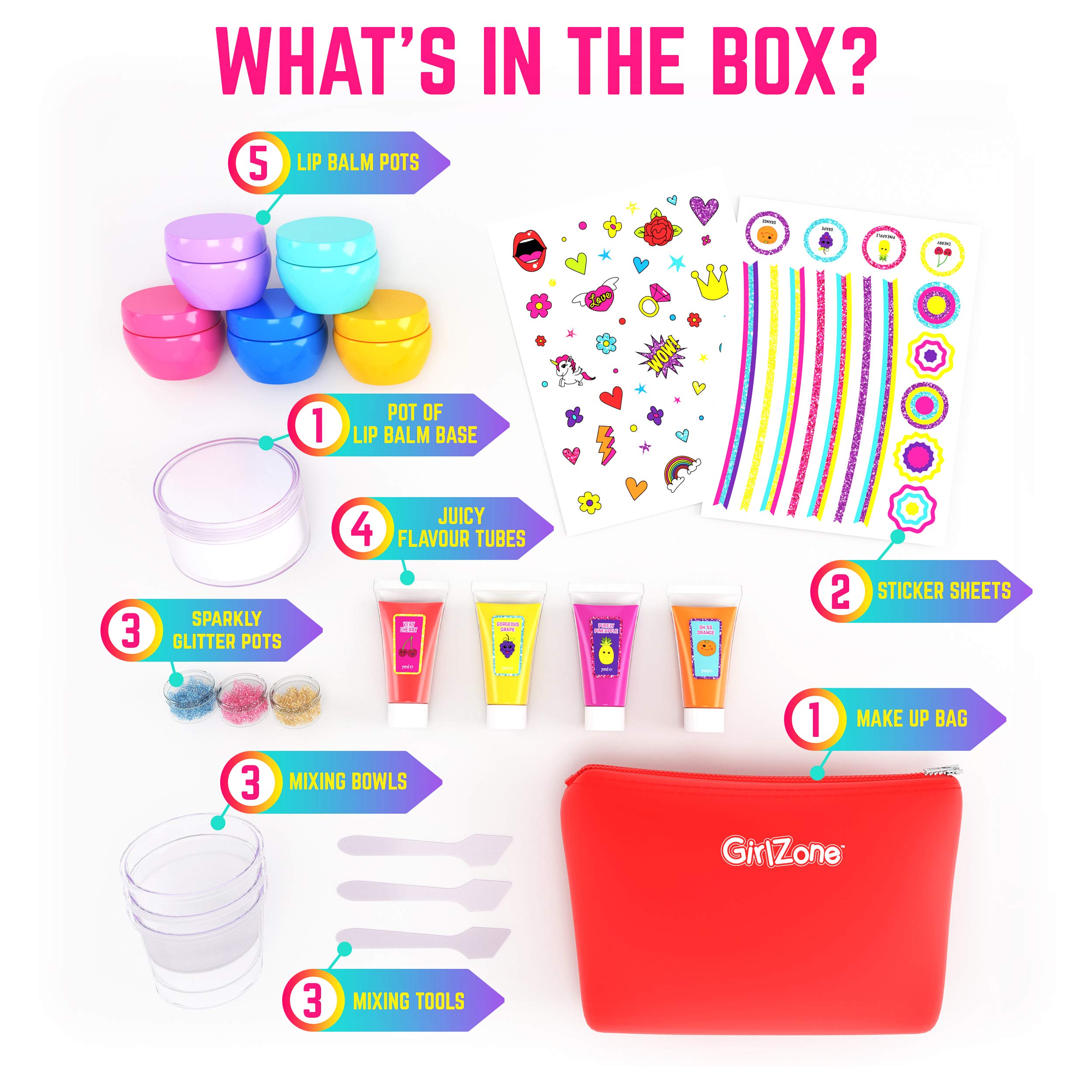 GirlZone Lip Balm Making Kit, 25-Piece Makeup and Lip Gloss Set with Glitters, Stickers & More, Fabulous Girls Toys Age 8 & Great Gift Idea for Kids