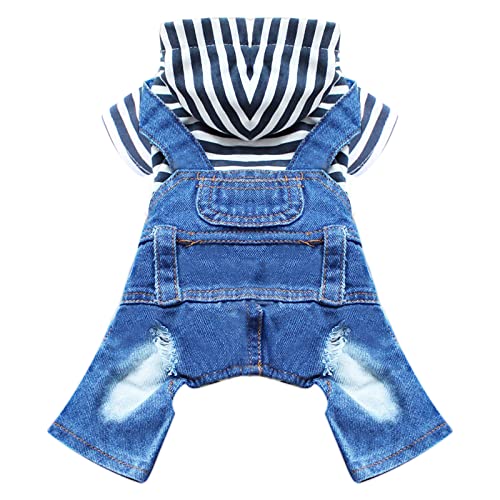 DOGGYZSTYLE Small Dog Hoodie Clothes Cute Stripe Shirts Denim Jumpsuit One-Piece Outfit for Small Medium Dogs Cats Boy Girl Chihuahua Blue Jeans Overalls Puppy Costume (Blue,XS)