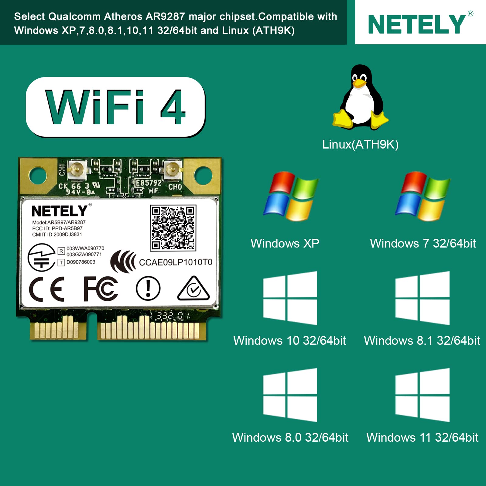 NETELY IEEE 802.11N Mini-PCIE Interface 300Mbps WiFi Adapter for Laptop PCs and Desktop PCs, Mini-PCIE WiFi Card, Qualcomm Atheros AR9287 Wireless Network Adapter (AR9287)