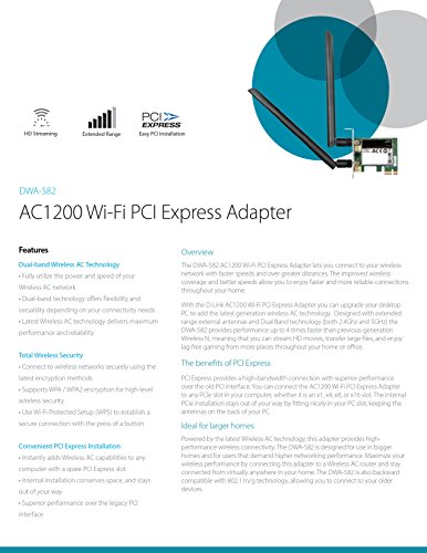 D-Link PCI Express Wireless Adapter Card AC1200 Dual Band Gigabit Ethernet Network Wi-Fi PCIe Desktop (DWA-582)