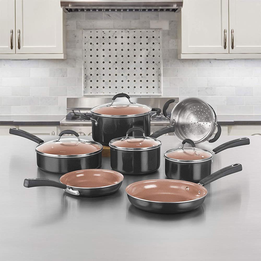 Cuisinart 54CCP-11BK 11pc Ceramica XT Non-Stick Cookware Set Bundle with Deco Chef Pair of Red Heat Resistant Oven Mitt