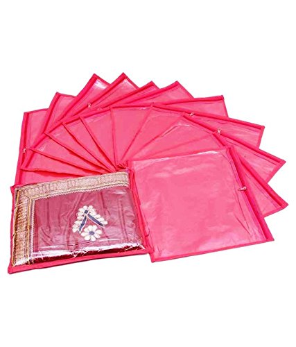 Fashion Bizz Non Woven Pink Saree Cover Wardrobe Organizer Set of 24 Pcs Combo