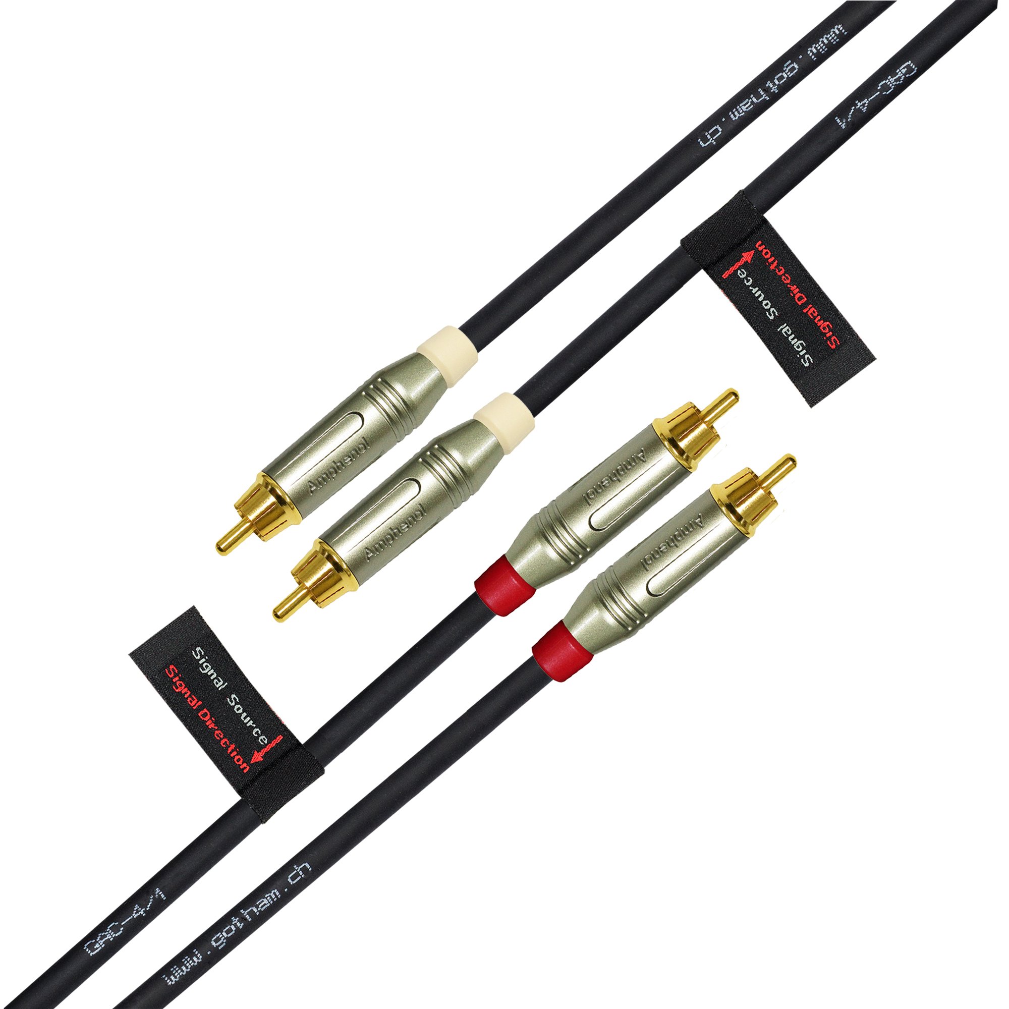 50 Foot RCA Cable Pair - Gotham GAC-4/1 (Black) Star-Quad Audio Interconnect Cable with Amphenol ACPR Die-Cast, Gold Plated RCA Connectors - Directional