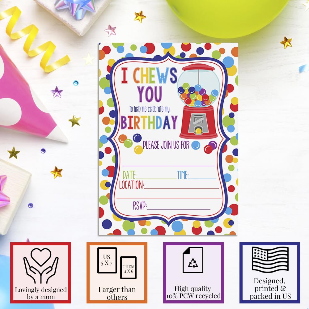 Cute Rainbow Colored Bubble Gum Themed Birthday Party Invitations for Kids, 20 5x7 Fill In Cards with Twenty White Envelopes by AmandaCreation…