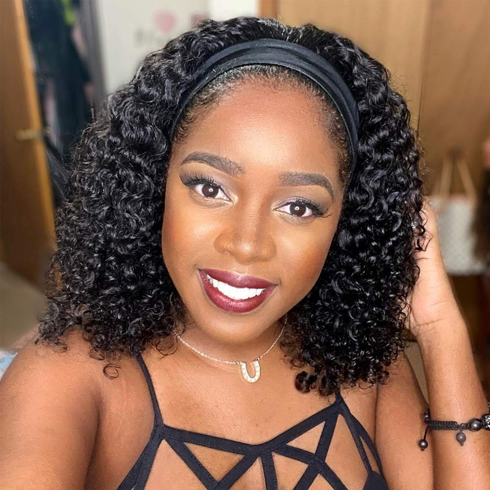 YISEA Headband Wig Human Hair Curly Wigs with Headband for Black Women 12 Inch Deep Wave Machine Made None Lace Front Wig 150% Density Brazilian Virgin Short Bob Wigs