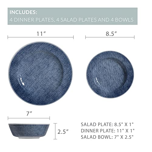Barnyard Designs 12-piece Melamine Dinnerware Set, Durable Chip-Resistant Dishware for Indoor/Outdoor Use, Farmhouse Dishes, Service for 4, Denim Blue, (Dinner Plate: 11β, Salad Plate: 8.5β, Bowl: 7β)
