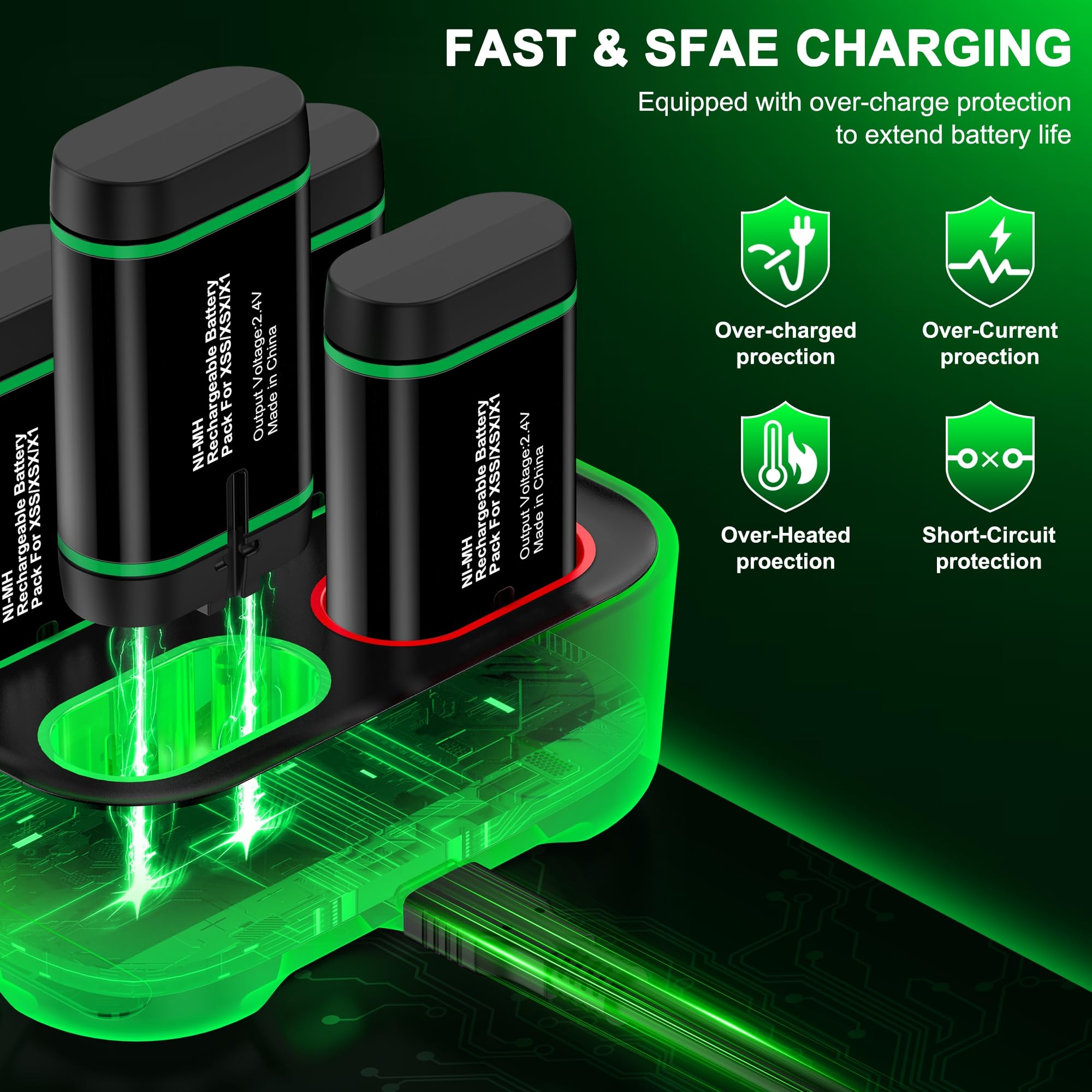 4x1200mAh Rechargeable Battery for Xbox One/Xbox Series X|S, Controller Battery Pack with Xbox One Charger Station for Xbox One/ S/ X/ Elite,Rechargeable Batteries with Xbox One/Series Accessories Kit