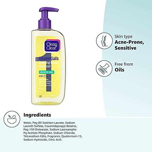 Clean & Clear Essentials Foaming Facial Cleanser for Sensitive Skin, Oil-Free Daily Face Wash to Remove Dirt, Oil & Makeup, 8 fl. oz