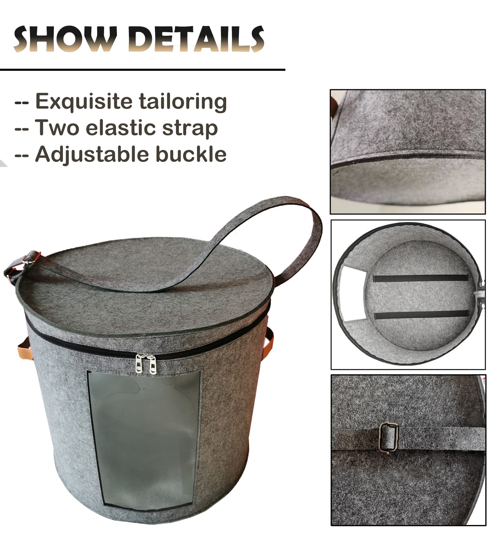 Aeeteek Hat Storage Box 19" D x 17" H Portable Felt Organizer Bucket Foldable Large Capacity Bag Round Travel Hat Container with Dust Proof Lid, Stuffed Animal Toys and Clothes Storage Bin (Grey)