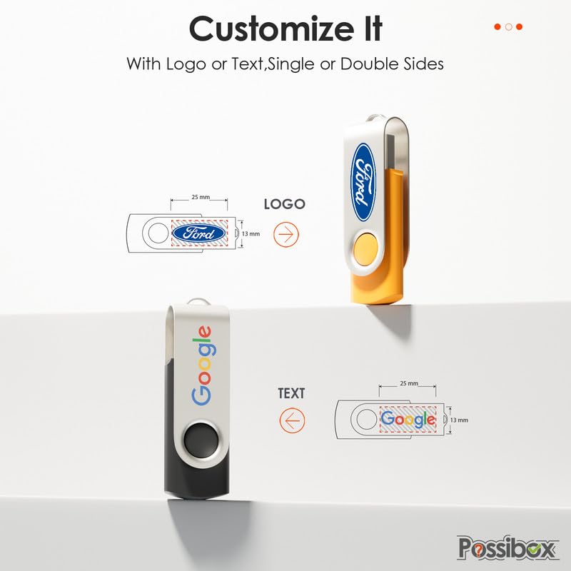 Possibox Custom Swivel USB Flash Drive 128MB Promotional Product Personalized with Your Logo - Bulk USB 2.0 - Customizable 100 Pack