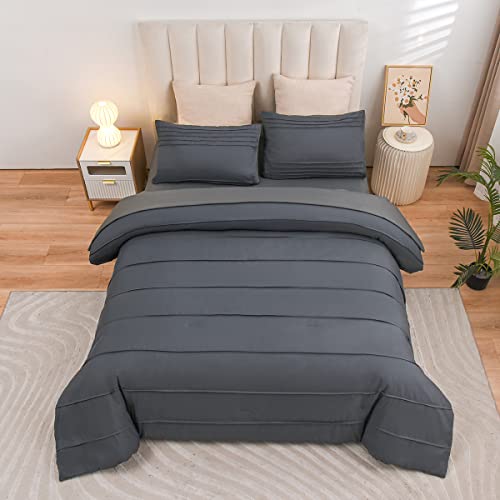 Holawakaka Grey Pleated Comforter Set with Sheets, Full/Queen Size Textured Striped Bedding Sets, Ruched Bed in A Bag 5pcs, Dark Grey