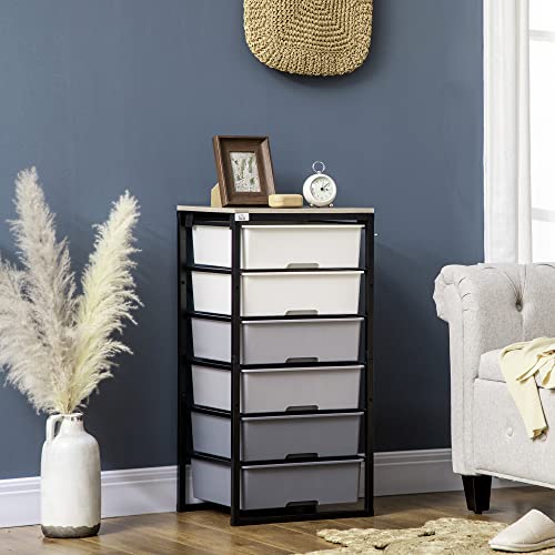 HOMCOM Dresser Storage Drawers with 6 Plastic Bins and Steel Frame, Crafting Bins for Living Room, Bedroom, Grey