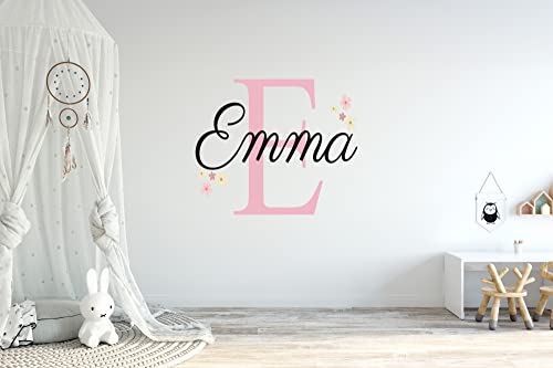 CuteDecals Custom Name and Initial with Flowers Wall Decal - Personalized & Art Mural Girls Decor Stickers for Nursery Bedroom Decoration (Mini Wide 16 inchx10 inch Height)