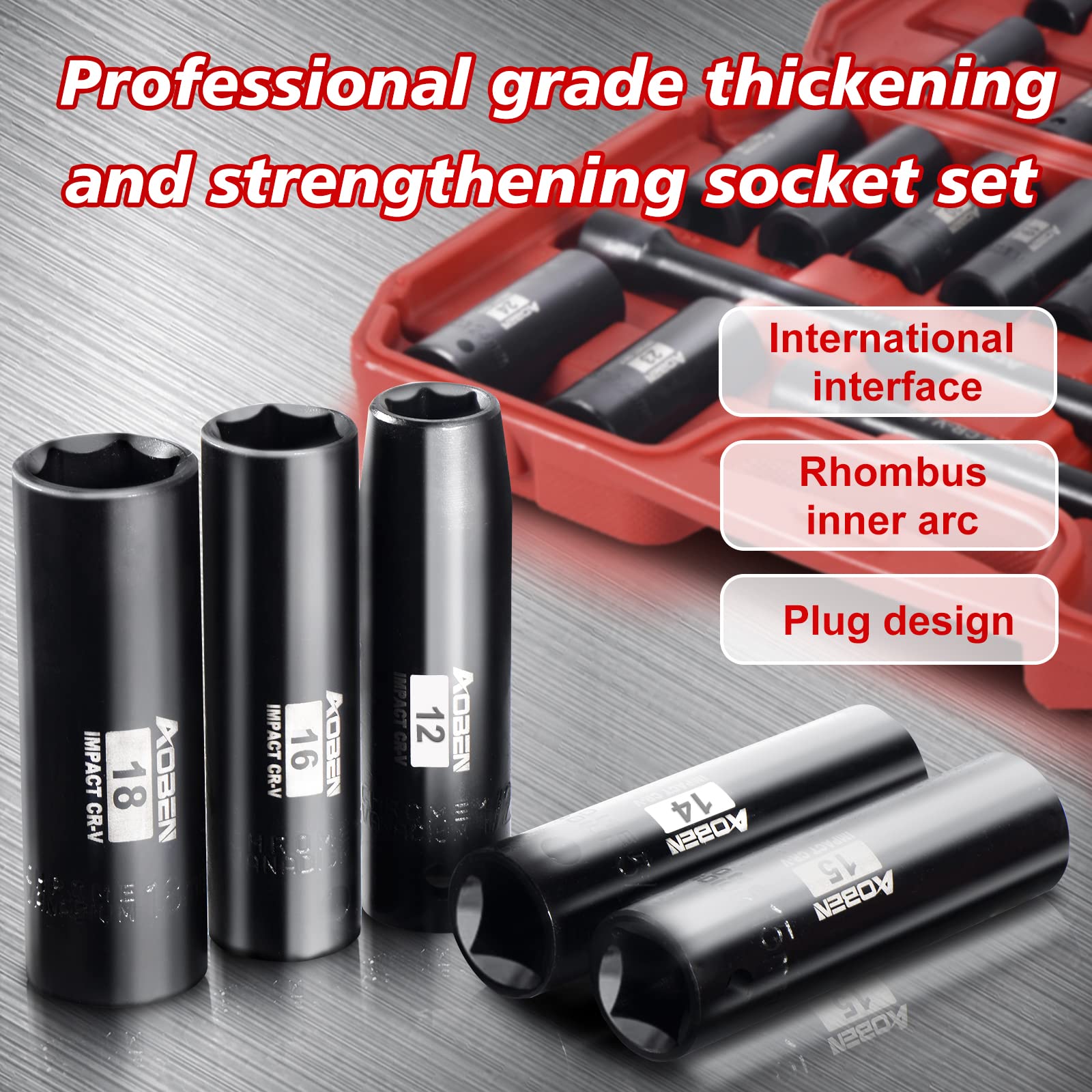 AOBEN 1/2-Inch Drive Impact Socket Set, 18 Pieces, 6 Point, Metric, 10mm - 24mm, Deep, Cr-V Steel, Includes 3", 5", 10" Extension bars