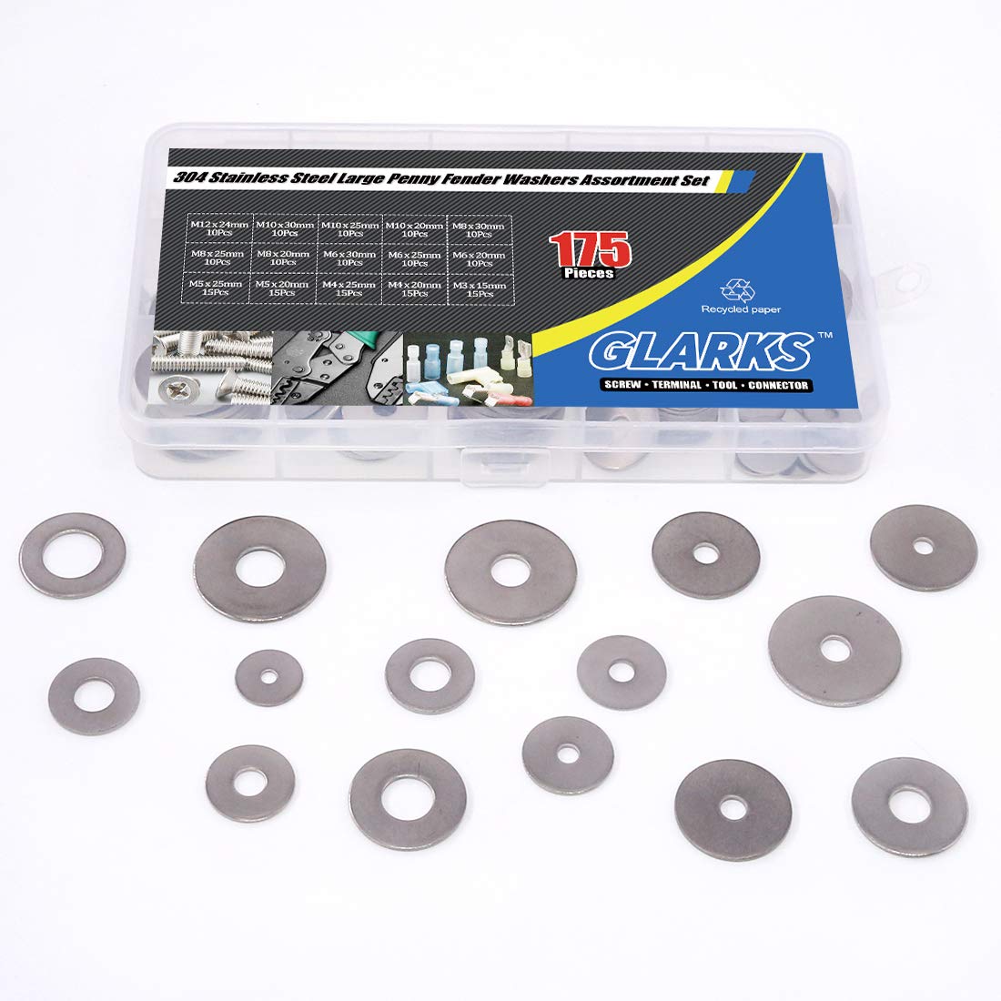 Glarks 175Pcs 304 Stainless Steel Large Penny Fender Washers Assortment Set-M3, M4, M5, M6, M8, M10, M12