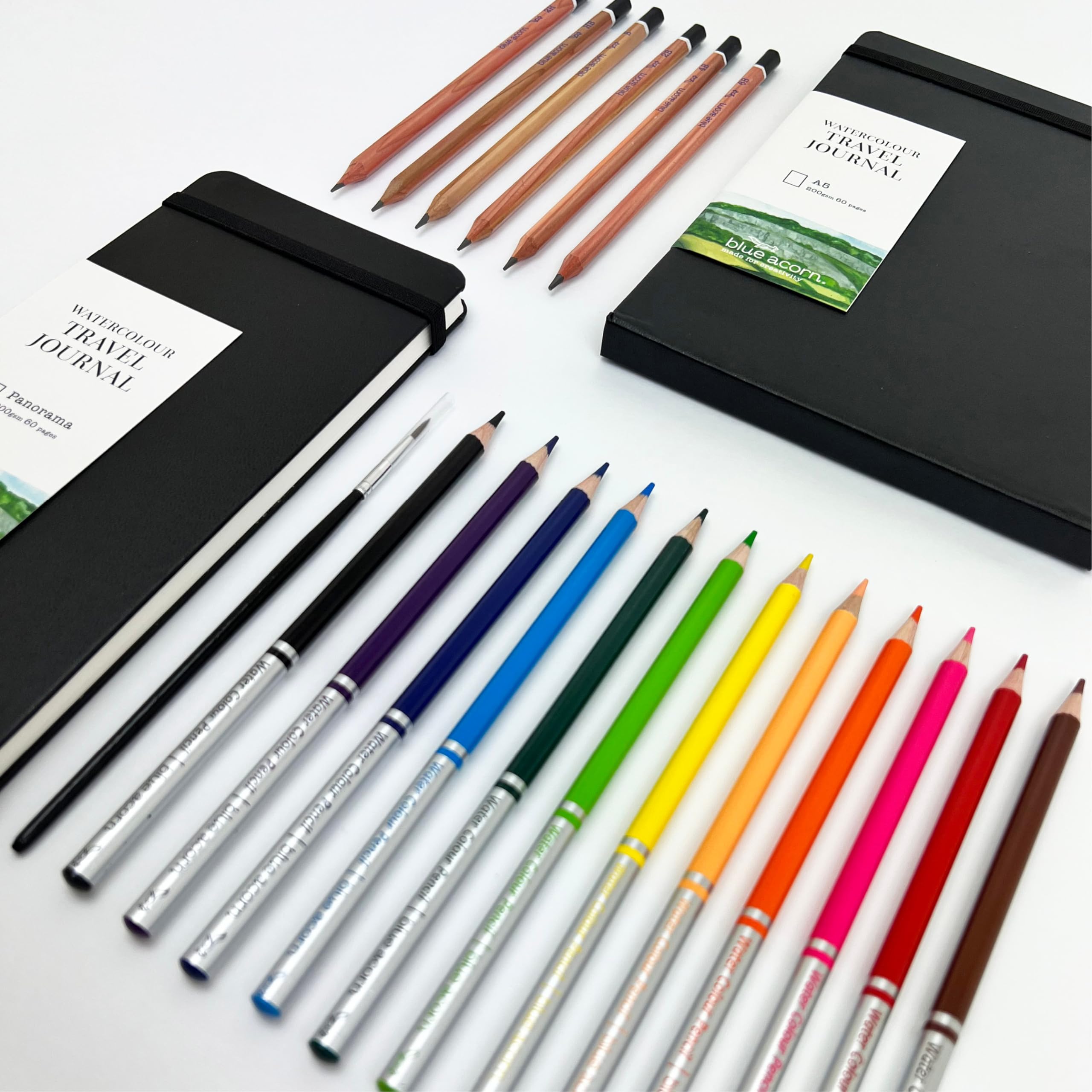 Blue Acorn Watercolour Journal Gift Set - Includes a Watercolour Travel Journal (60 Pages), an A5 Landscape Watercolour Travel Journal (60 Pages), 12 Water-Soluble Pencils and 6 Sketching Pencils