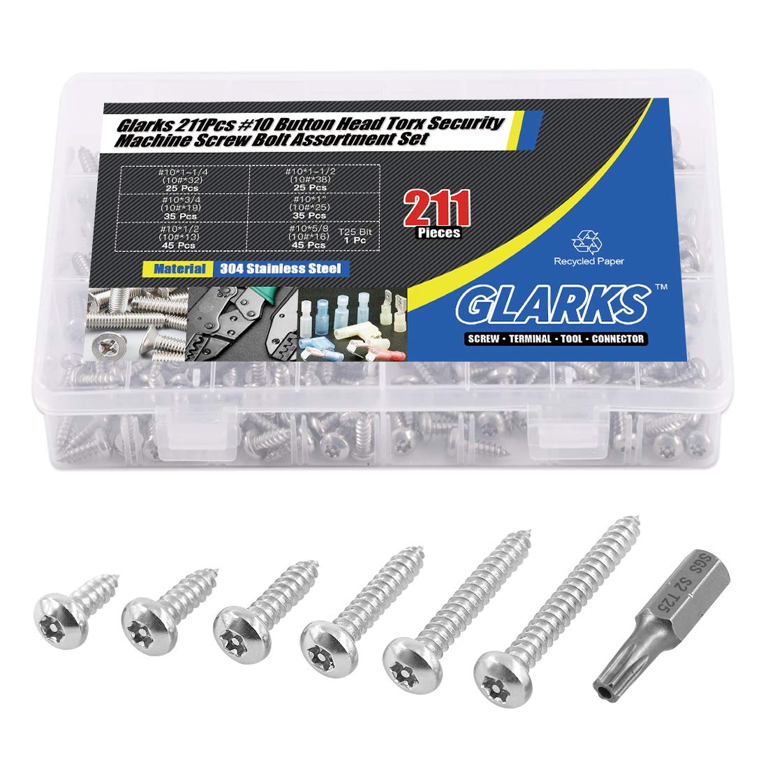 Glarks 211Pcs #10 x 1/2'' / 5/8'' / 3/4'' / 1" / 1-1/4'' / 1-1/2'' Button Head Torx Security Stainless Steel Screws, 6 Size Tamper Resistant Screws Assortment Set with T25 Bit