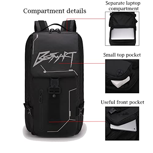BE SMART Hiking Outdoor Travel Backpack with Cyberpunk Design, Water-Resistant Laptop Daypack Book Bag with Multi-Layer for Men & Woman (Black)