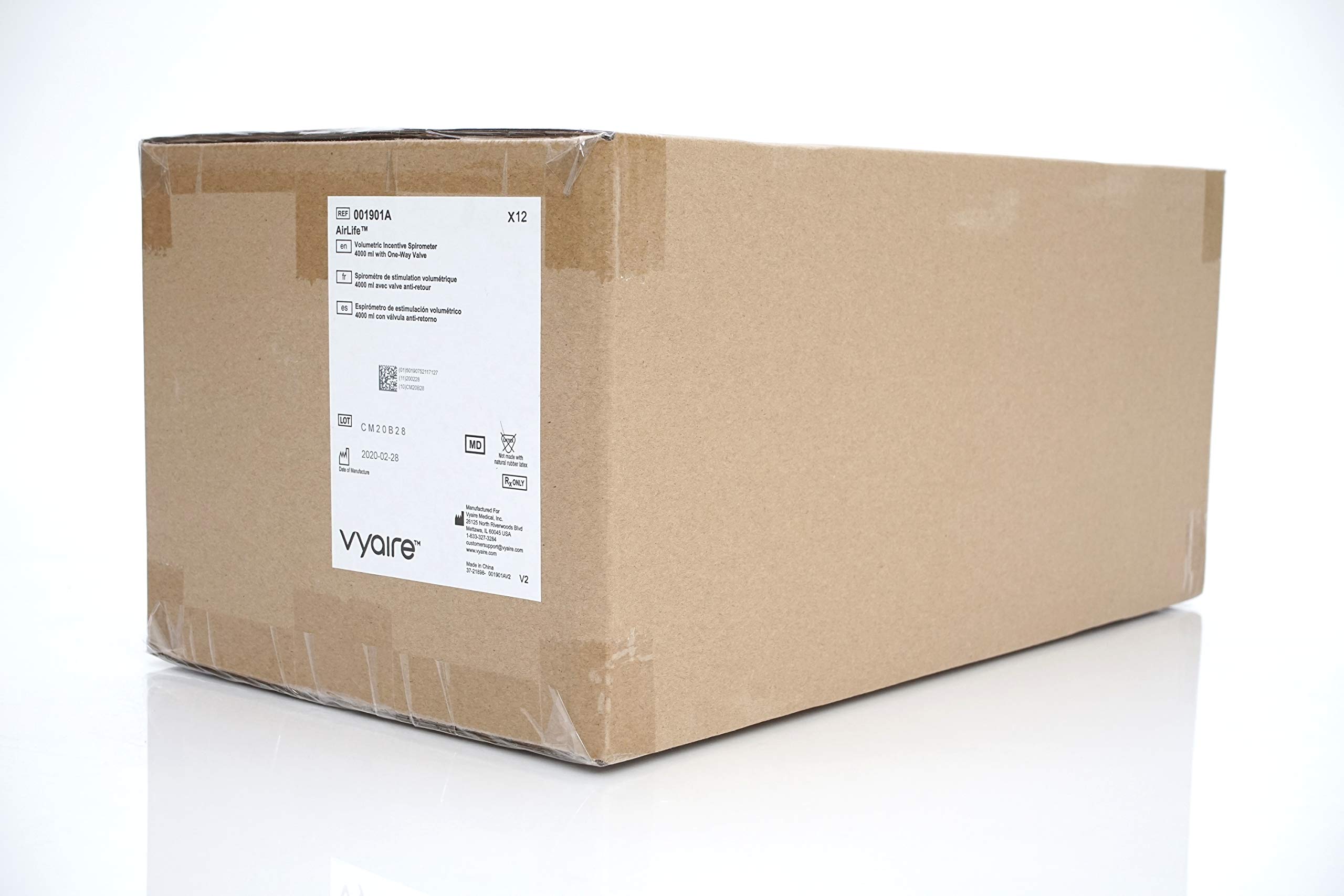 Vyaire Medical 1901A AirLife Volumetric Incentive Spirometers, One Way Valve, 4000 mL, Pack of 12