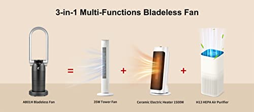 Bladeless Tower Fan & H13 HEPA Air Purifier & 1500W Space Heater 3in1, 120° Swing & 210° Tilt Head Table Fan, 29in. 35W Desk Fan with Remote, 9 Speeds 9H Timer Air Circulator for Home Office, G/S…
