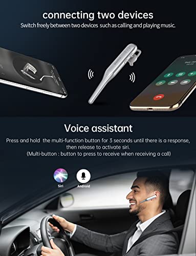 Glazata Wireless Headset with Dual MIC Noise Cancelling, apt-X & apt-X HD for Driving, Office, Business, Compatible with Cell Phone and PC - 「Silver」