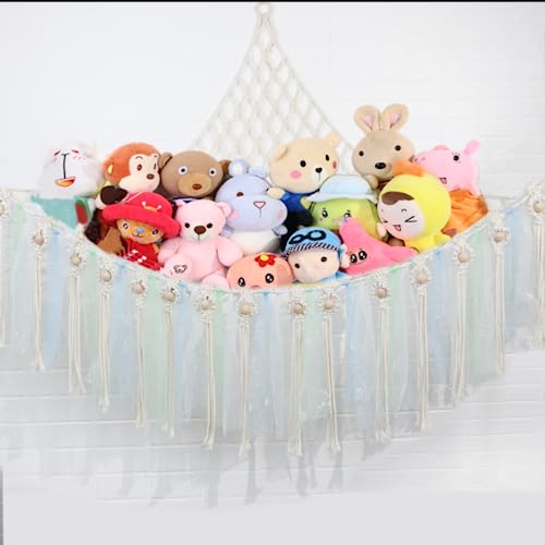 GSZTTKX Stuffed Animal Hammock,Macrame Large Toy Net Hanging for Stuffed Animals Storage Organizer Wall Corner,Boho Plush Stuffed Animal Holder Children Room Nursery Decor (with Light,Beads,White)