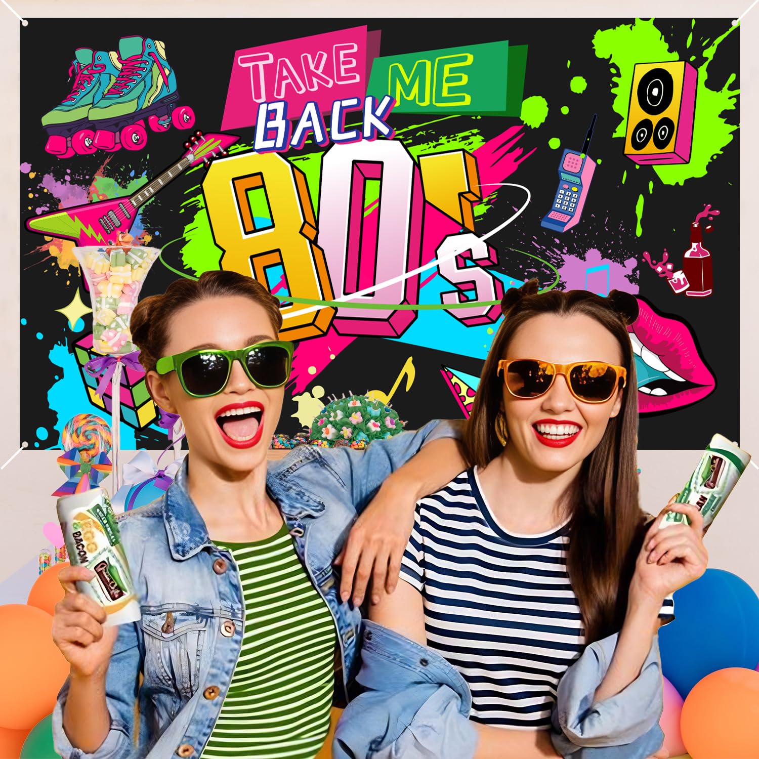 5x3ft 80s 90s Party Decorations, 80s Theme Party Backdrop for Photography Graffiti Wall Decor, Back to The 80s Retro Hanging Background for Birthday Party (80s)