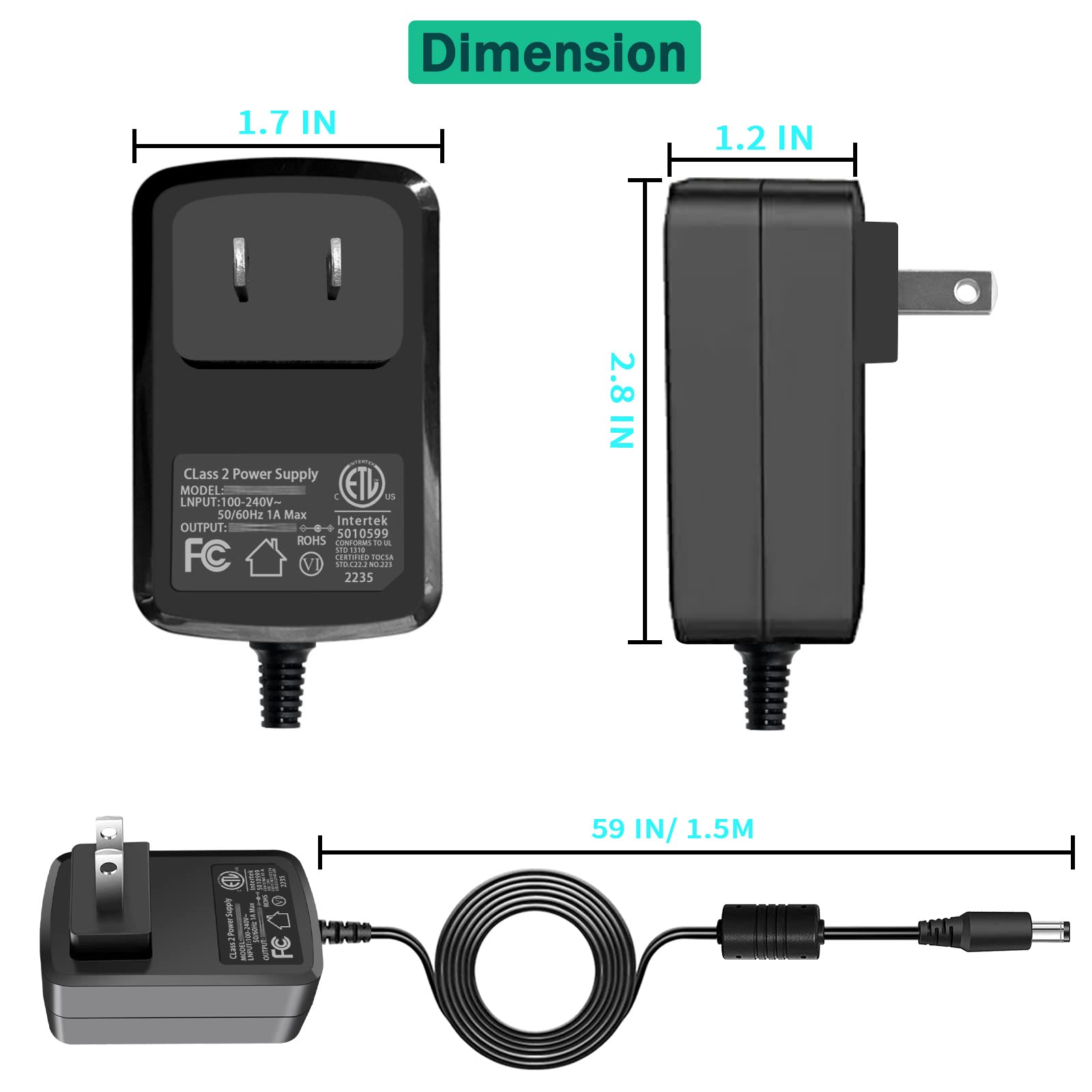 TKDY 24V DC Power Supply Cord, 100-240V AC to DC 24 Volt 1.5A 1A 0.5A 24Vdc Power Adapter, for DC24V LED Strip Lights Diffuser Humidifier and More (Not 24V Battery Charger).