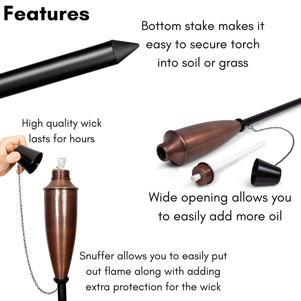 BIRDROCK HOME 4 Pack Round Outdoor Torches - Bronze - Flame Light Torch - Backyard Garden Patio Lighting - Metal Lamp - Decorative Urban Lantern