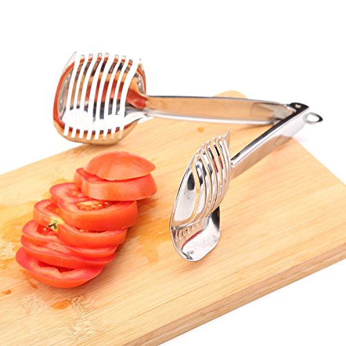 i Kito Tomato Lemon Slicer Holder Round Fruits Onion Shreader Cutter Guide Tongs with Handle Kitchen Cutting Potato Lime Food Stand Stainless Steel