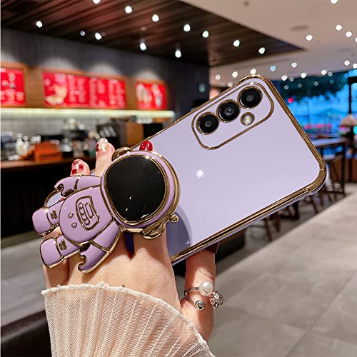 AIGOMARA 6D Plating Astronaut Hidden Stand Case Cover for Samsung Galaxy A14 5G Women Astronaut Folding Bracket Kickstand iPhone Case with Camera Protector Soft TPU Shockproof Bumper - Purple