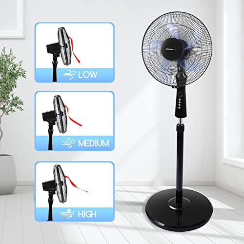 Aigostar 16β Standing Fan, 5-Blade Oscillating Pedestal Fan with Remote Control, 3 Speed Settings, 3 Wind Modes, 7.5H Timer, Adjustable Height Cooling Fan for Bedroom, Home, Office, Black
