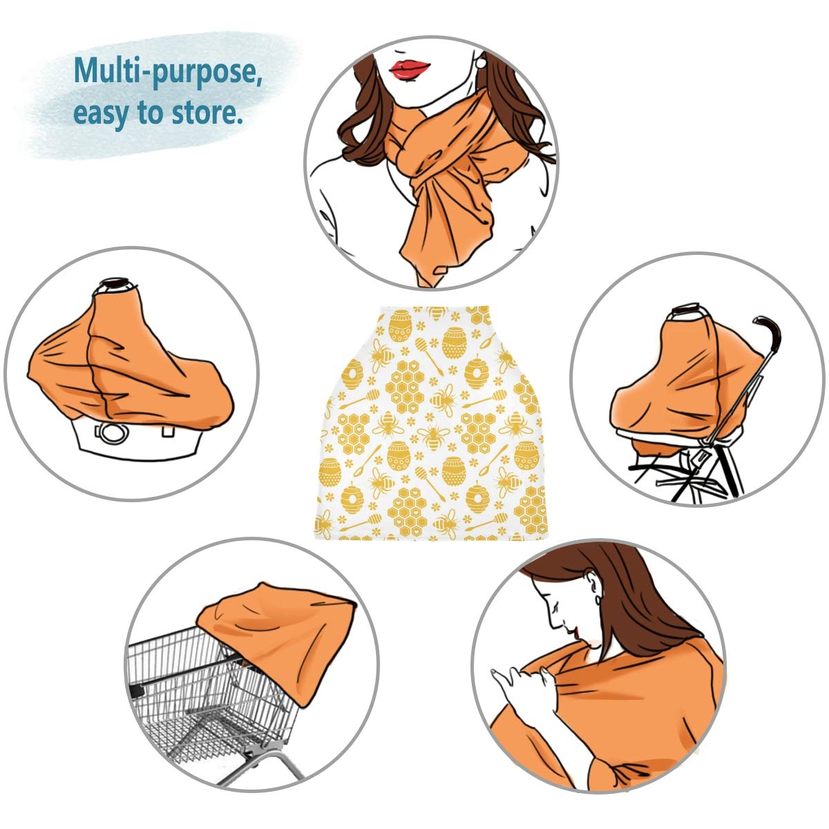 Nursing Cover Breastfeeding Scarf Honey Bee- Baby Car Seat Covers, Stroller Cover, Carseat Canopy (36)