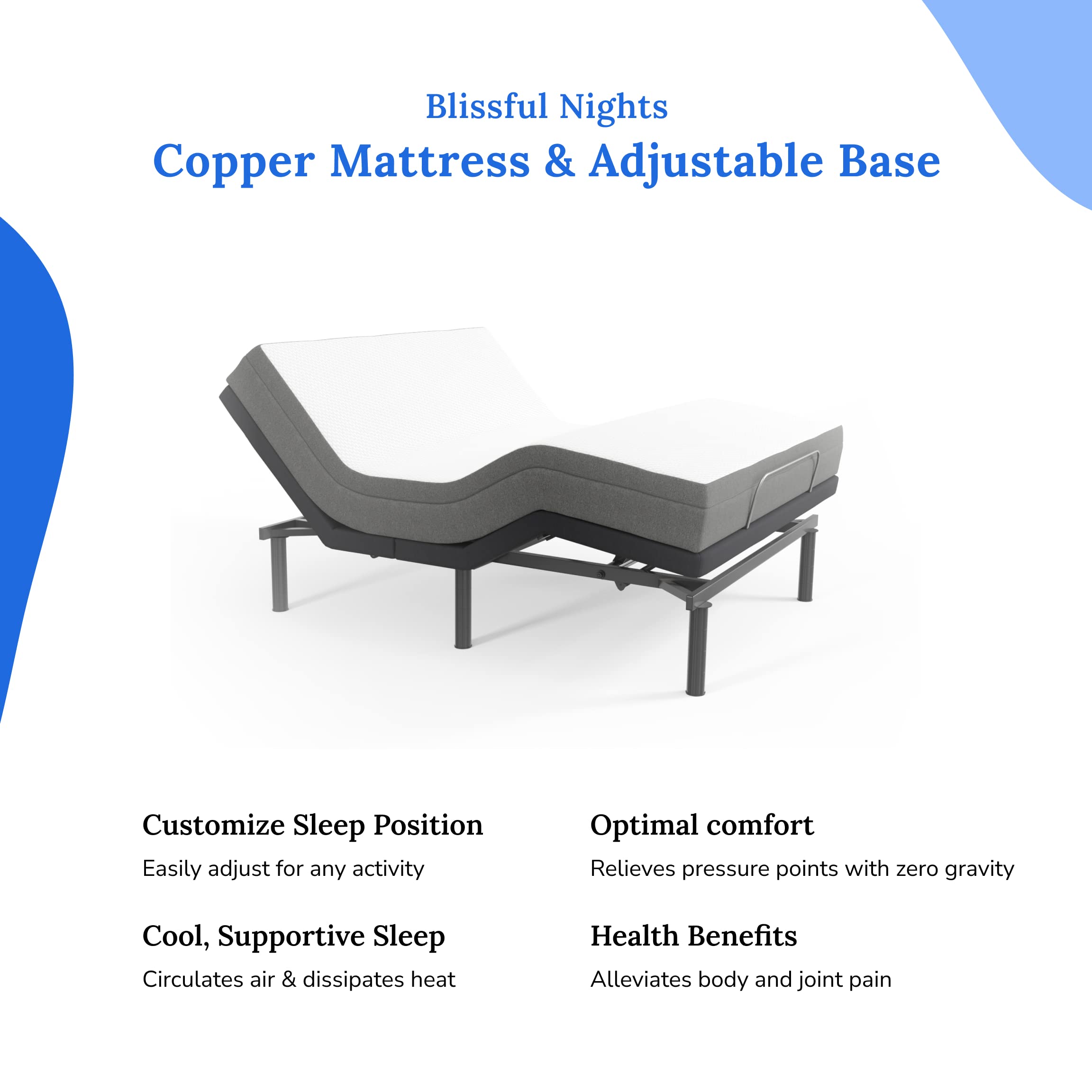 Blissful Nights e4 Queen Adjustable Bed Base Frame with 12" Medium Firm Copper and Gel Infused Memory Foam Mattress