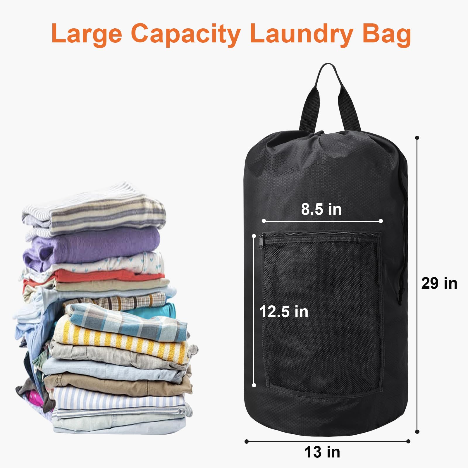 Femuar Laundry Bag Backpack Durable Laundry Bag with Shoulder Straps and Mesh Pockets Portable Laundry Dirty Clothes Hamper Bag for College Dorm (Black)