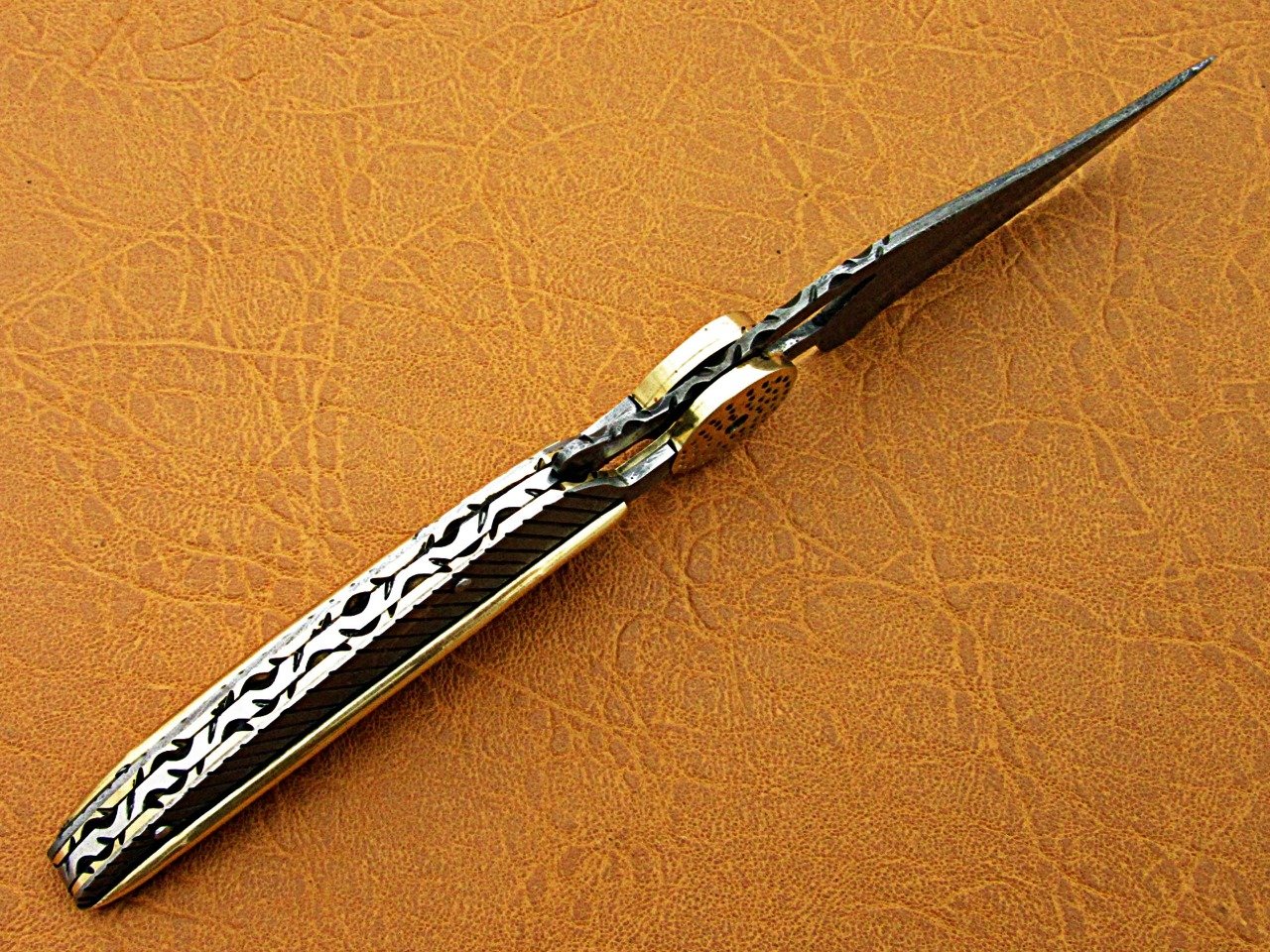8" hand forged Damascus steel leaf folding pocket knife custom made, Engraved Damascus scale with bras art work cow leather sheath (Damascus) (Full Damascus)