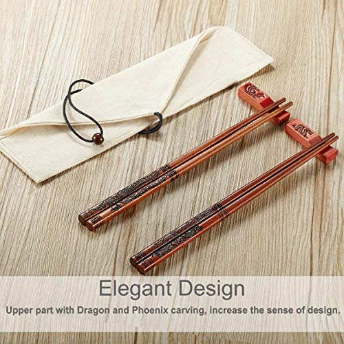 Chopstick Reusable Chinese Dragon and Phoenix Chopsticks with Holder and Carrying Bag Chinese Traditional Stylish Gift Set (2 Pairs)