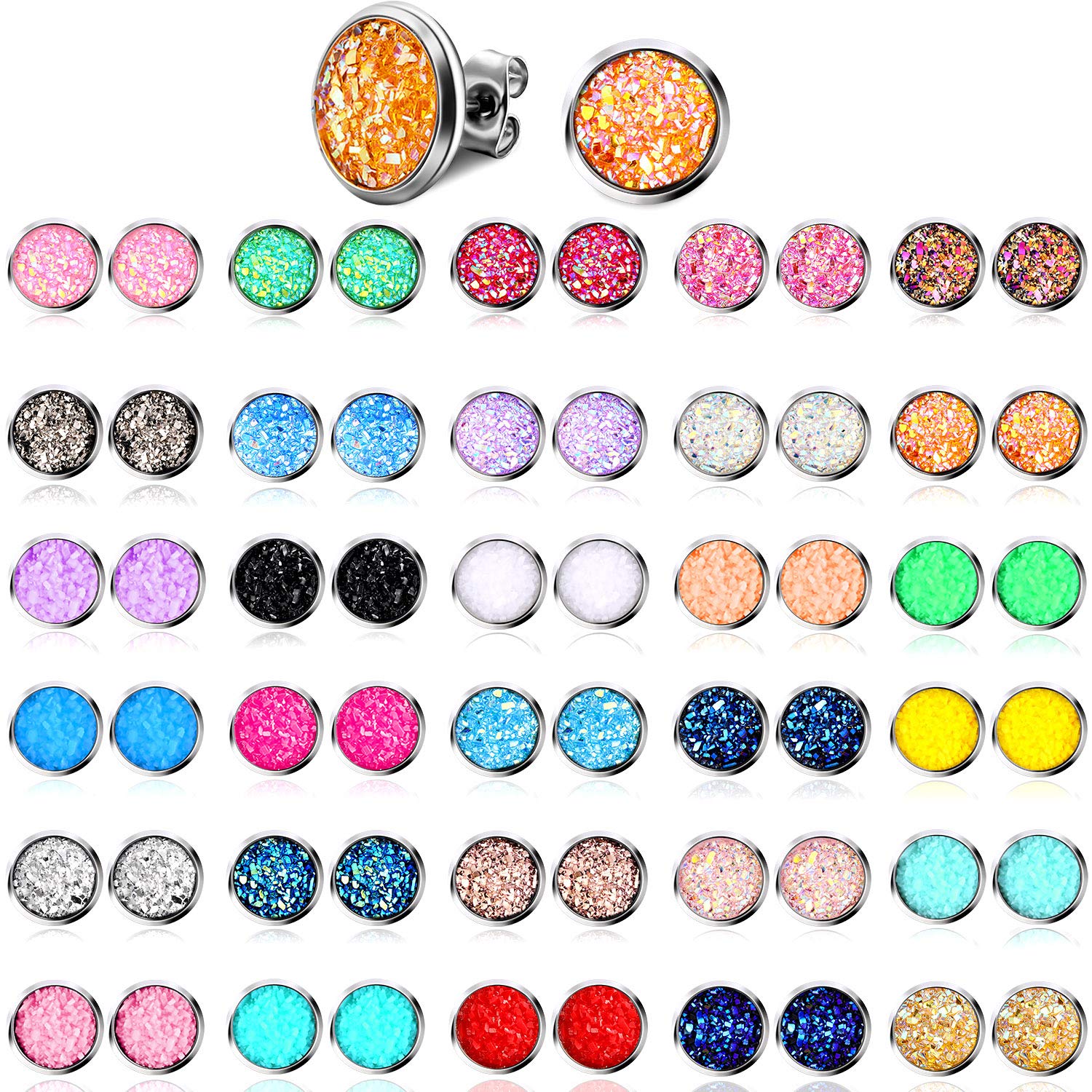 32 Pairs Faux Druzy Stud Earrings Bohemian Round Stud Earrings Stainless Steel Pierced Earrings Jewelry for Women (6 mm)