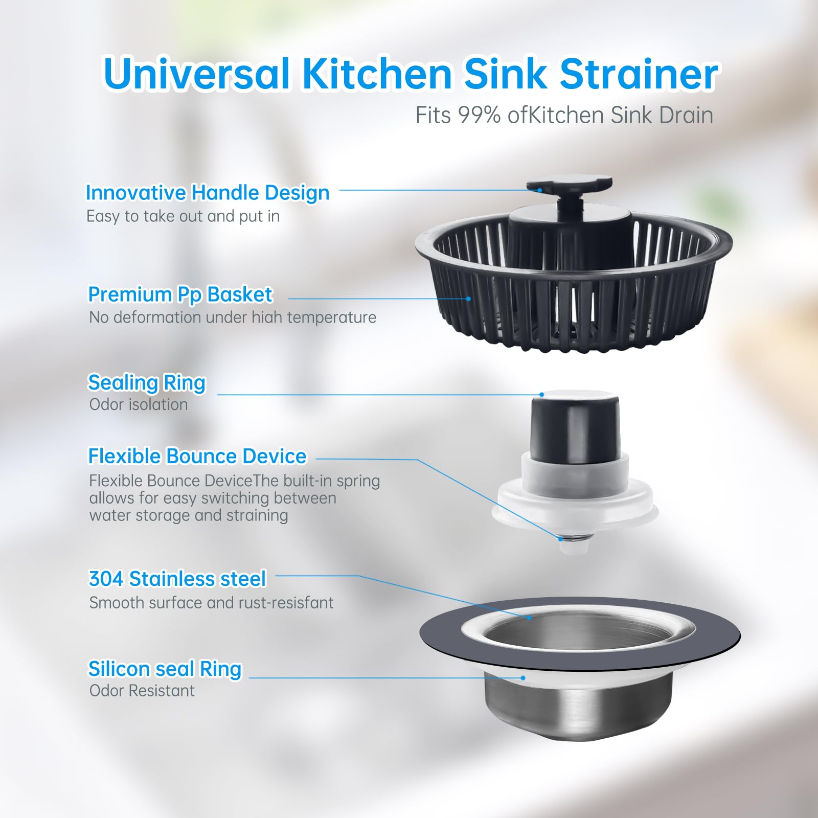 AKKEEAHS Kitchen Sink Drain Strainer Stopper 304 Stainless Steel Pop Up Kitchen Sink Stopper Anti-Clogging Kitchen Sink Strainer Basket Filter for US Standard 3-1/2 Inch Drain