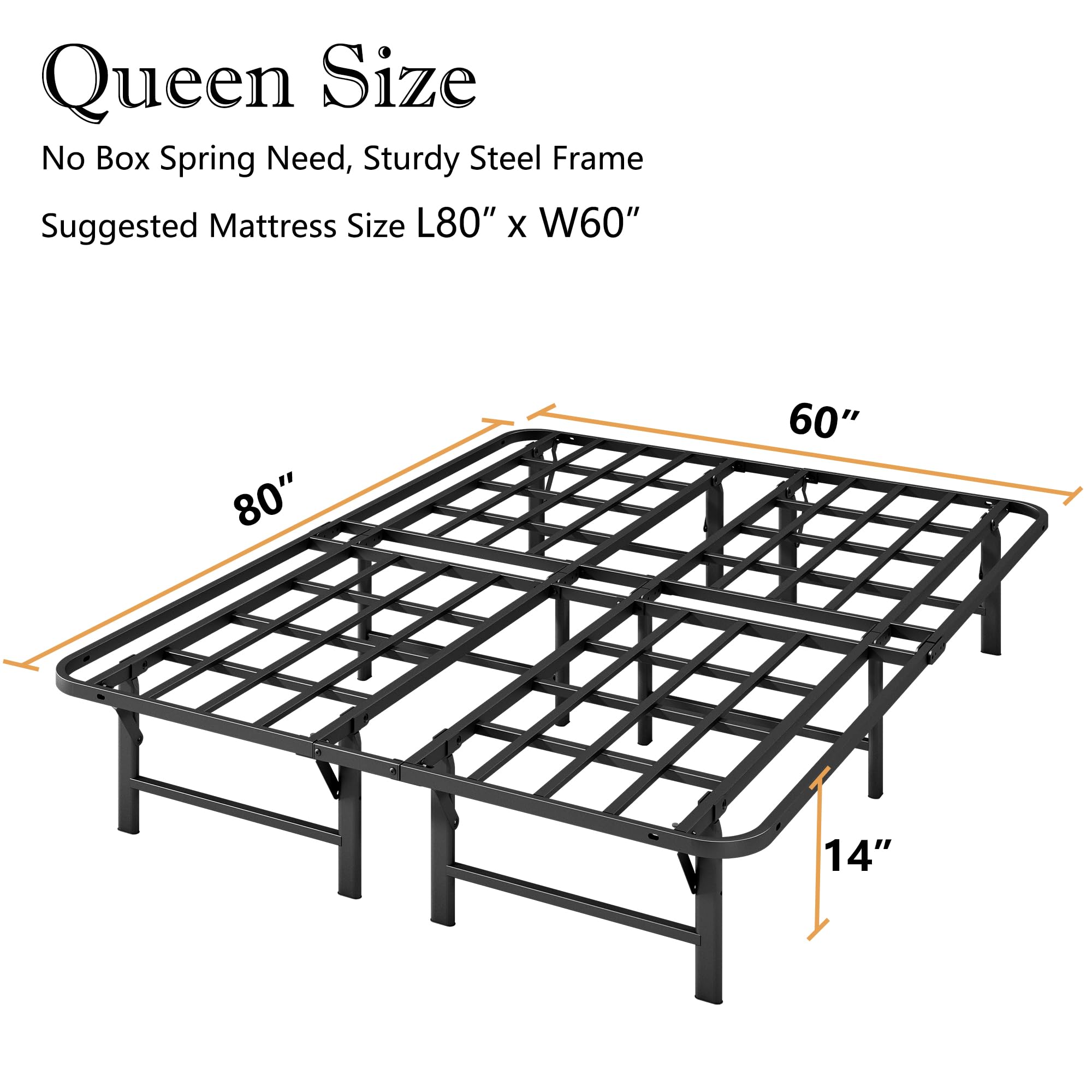 Auroral Zone 16in High Folding Queen Bed Frame, No Box Spring Needed, Heavy Duty Metal Platform Bed Frame Queen Size with Tool Free Setup, Easy Assembly, Noise Free, Black