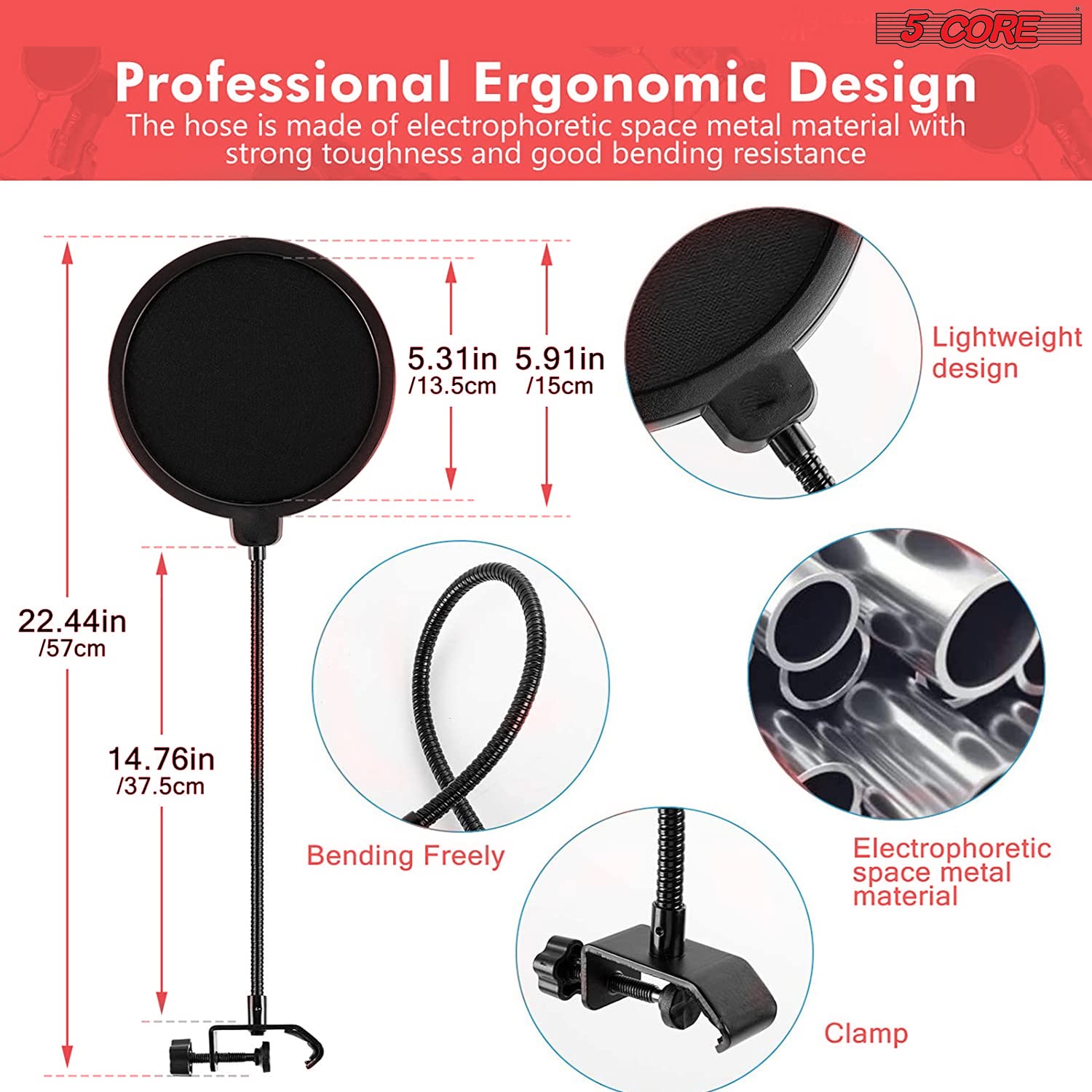 5 Core Mic Arm Adjustable Boom Microphone Stand Desk Mount Heavy Duty Brazo Para Microfono for Condenser Dynamic Mics - MS ARM BLK