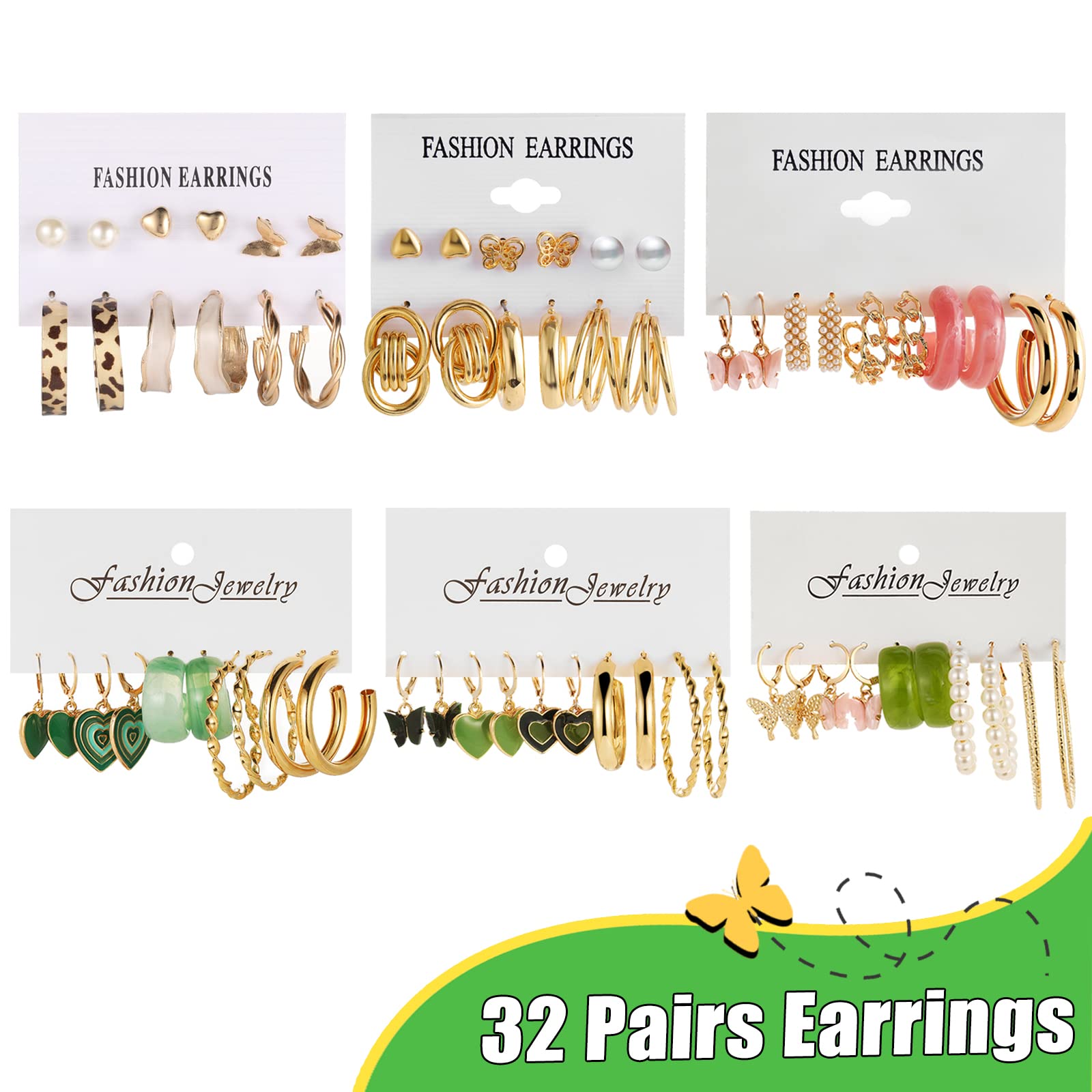 32 Pairs Gold Hoop Earrings Set for Women Girls, Pearl Dangle Earrings Pack, Earrings Sets for Multiple Piercing