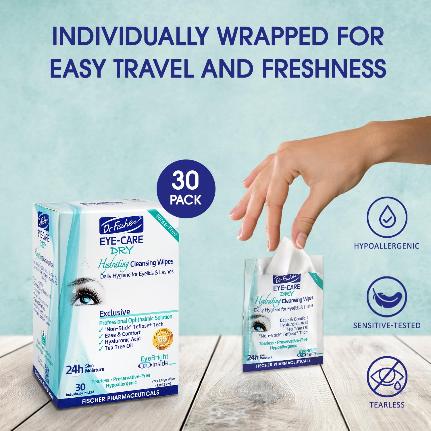 Dr. Fischer Tea Tree Eyelid Wipes: Hypoallergenic Eye Wipes for Dry, Red, Allergy Eyes. Long-Lasting Relief for Computer Vision & Tired Eyes. Effective Makeup Remover for Sensitive Skin.